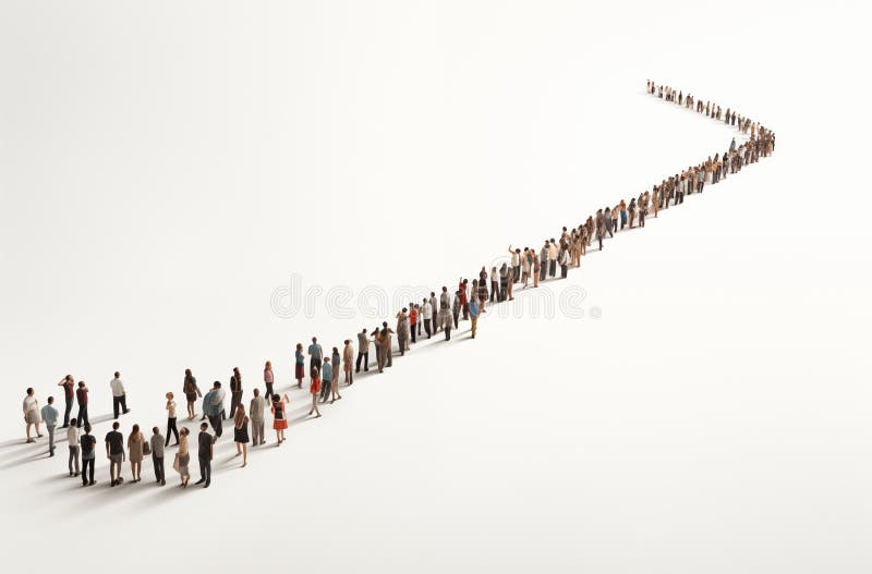 A Long Line of Diverse People Casting Shadows, Waiting in an Expansive ...