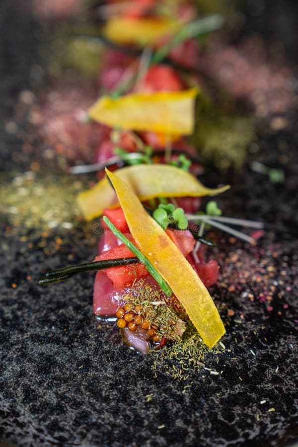 A Long Line of Food that Includes Meat and Vegetables on it Stock Image ...