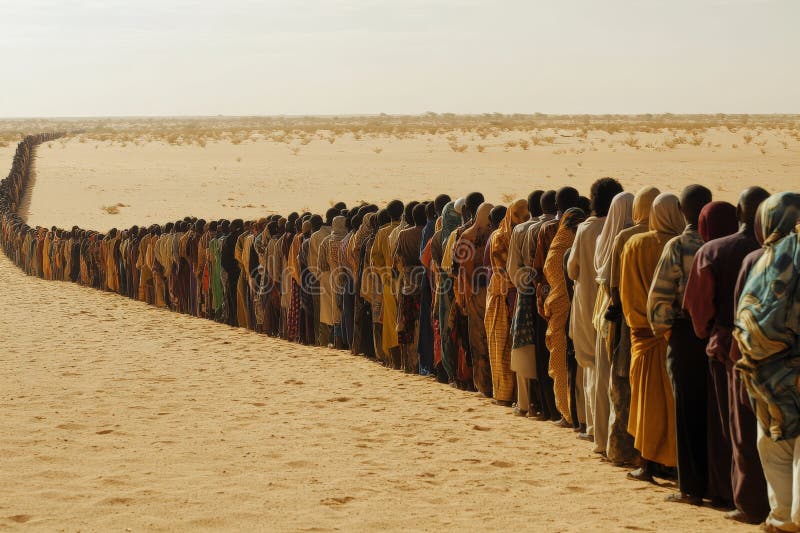 Long Line of People Standing in Desert - Social Gathering Unity ...