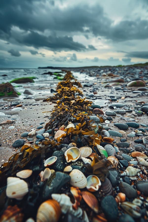 Long Line of Sea Shells on a Sandy Beach Stock Image - Image of sand ...