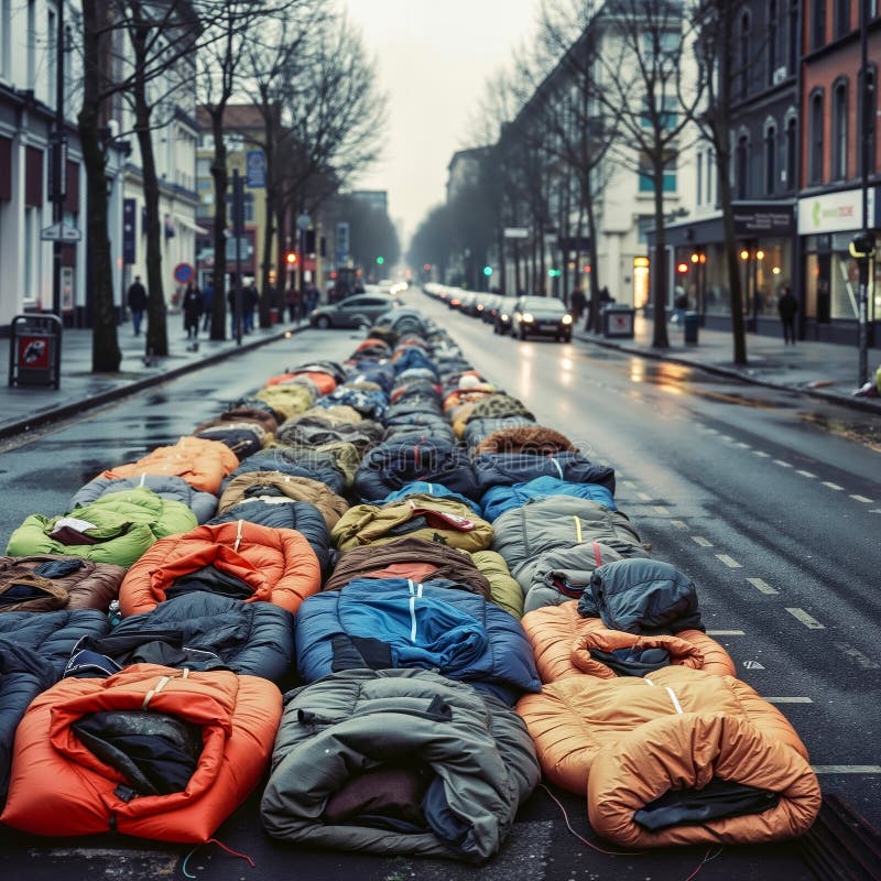 A Long Line of Sleeping Bags Lined Up on the Side of a Street Stock ...