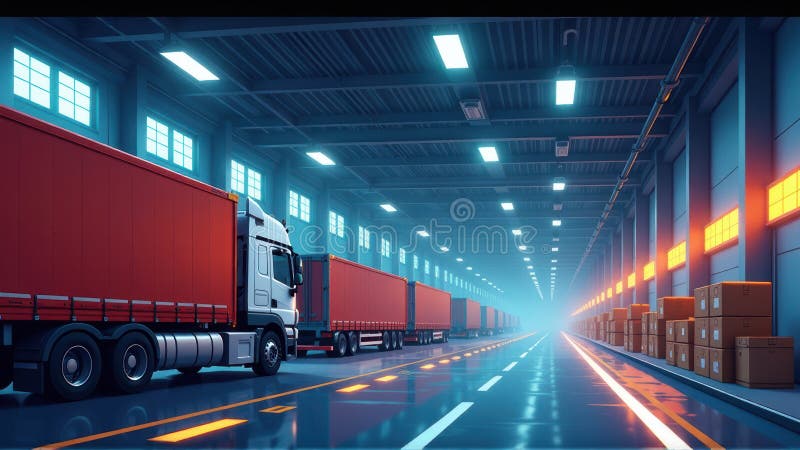 Long Line of Trucks in a Modern Warehouse at Night Stock Illustration ...
