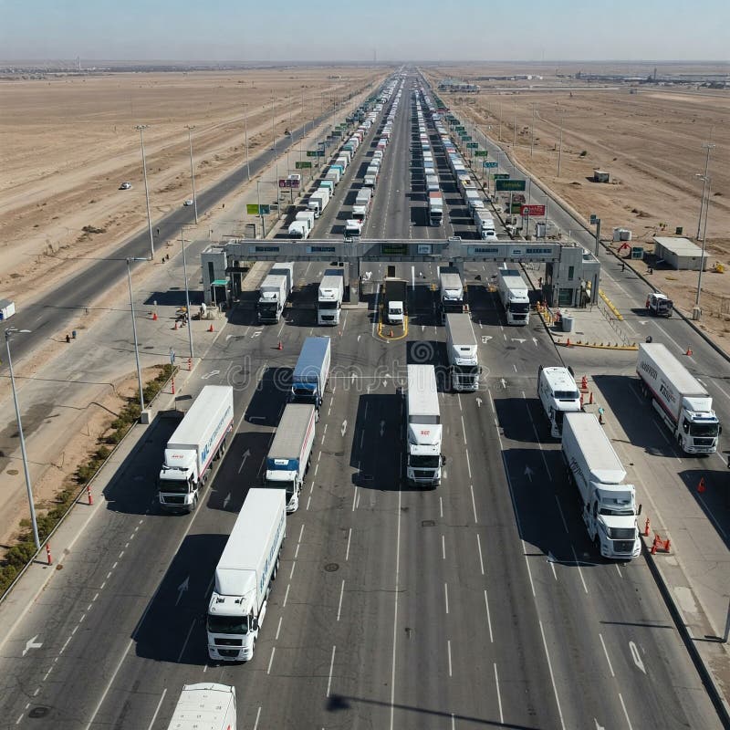 Long Truck Line Desert Border Crossing (Generated with AI) Stock ...