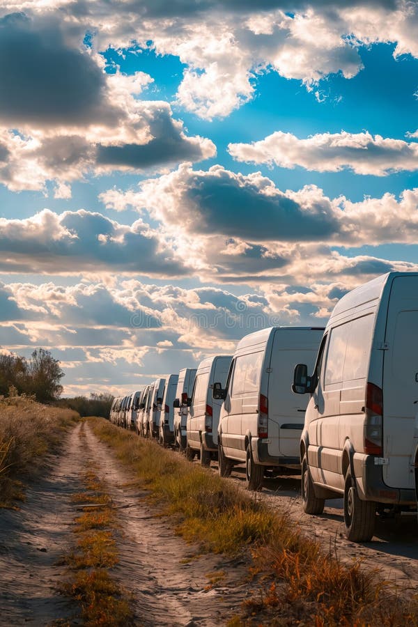 A Long Line of White Vans Parked on the Side of a Dirt Road. Generative ...
