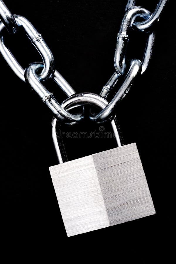 Link Chain Connected by Keyed Steel Locking Padlock on Black Stock ...