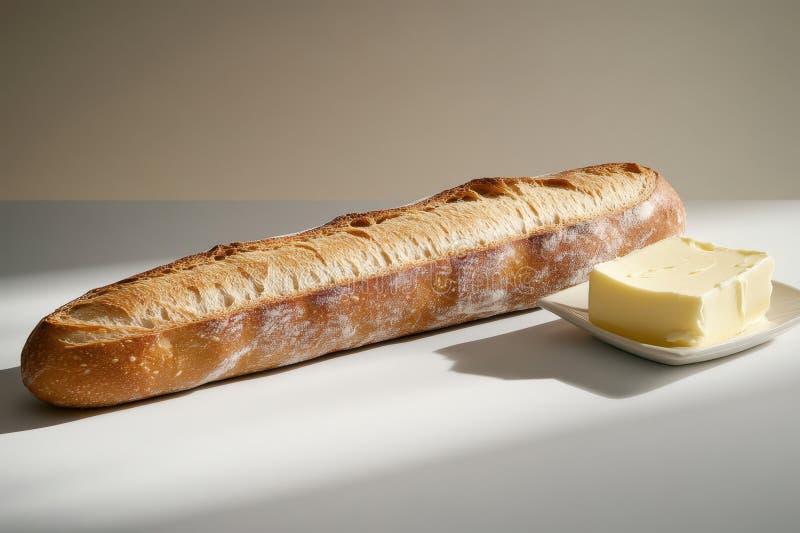 A Long Loaf of Bread Accompanied by a Slice of Butter on a Plate Stock ...