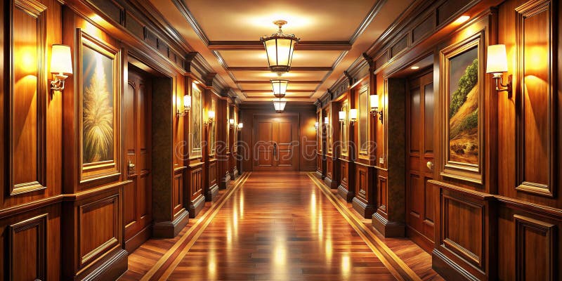 A Long Luxurious Wooden Corridor Rustic Elegance in a Vintage Hotel ...