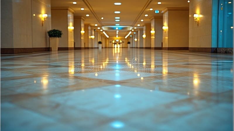 Long Marble Hallway with Golden Lighting and Reflective Floor Stock ...