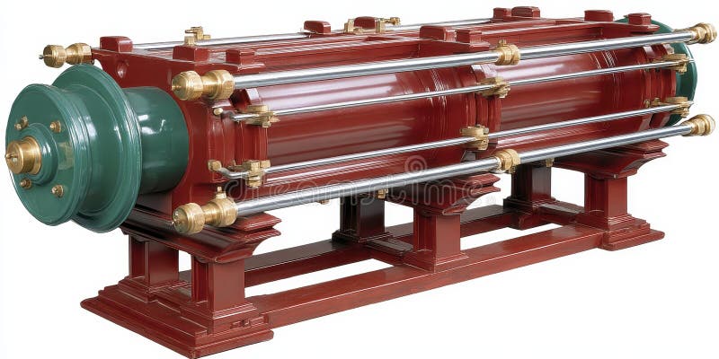 Long Maroon Industrial Machine with Green Component on White Background ...