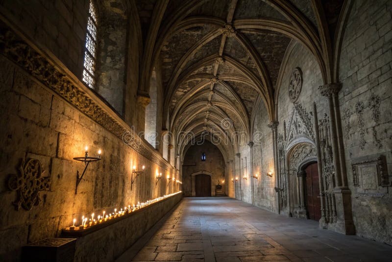 Medieval Castle Corridor with Torches in Dungeon Stock Illustration ...