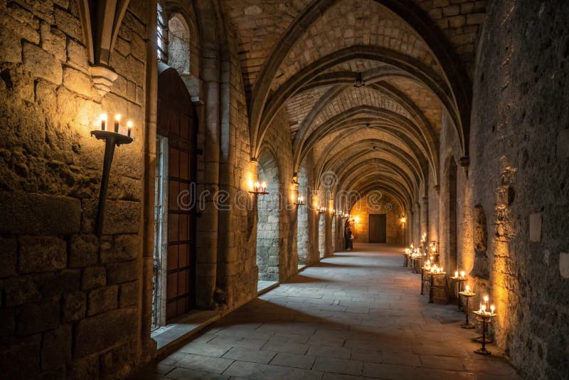 Medieval Castle Corridor with Torches in Dungeon Stock Illustration ...