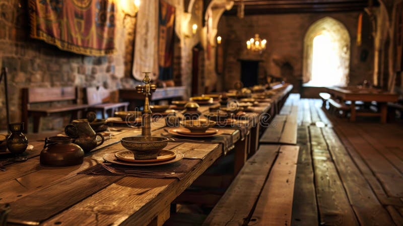 Long Medieval Table Set for Feast in Ancient Castle Hall Stock Image ...