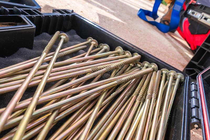 Long Metal Screws Arranged Neatly in a Toolbox during a Construction ...