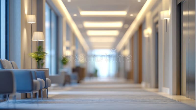 Long Modern Hotel Corridor with Blue Chairs Stock Illustration ...