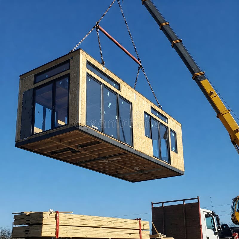 Long Modular Home Section with Large Windows Lifted by a Crane Stock ...