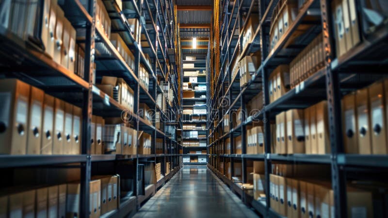 A Long Narrow Aisle with Boxes Stored on Shelves, Ideal for Warehouse ...