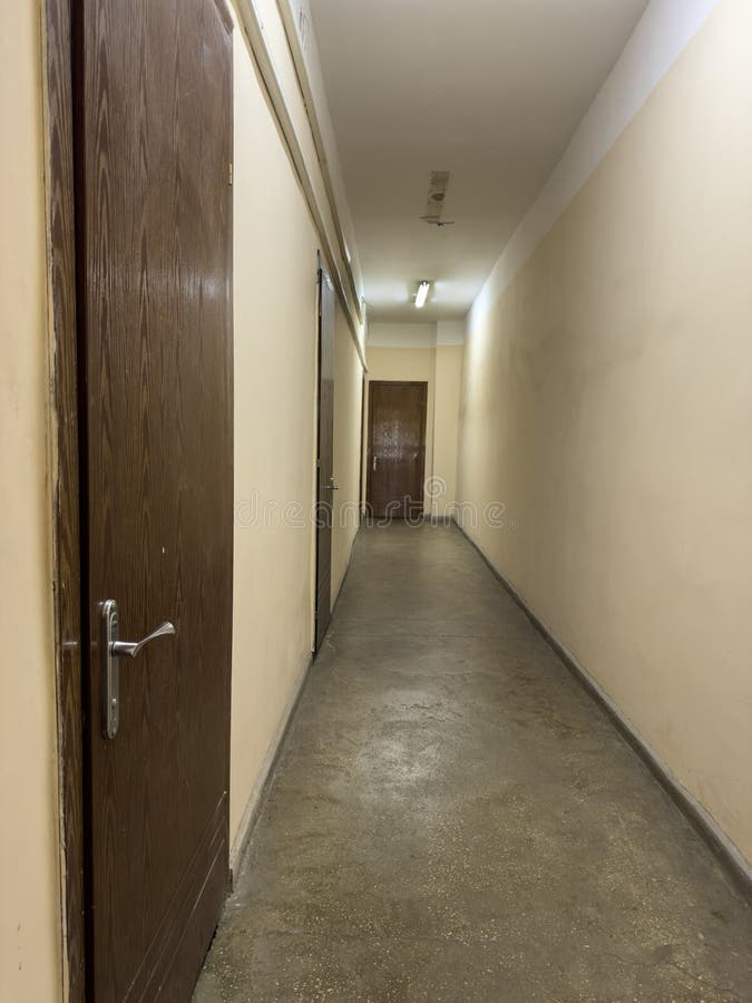 A Long Narrow Corridor with Closed Doors Stock Photo - Image of door ...