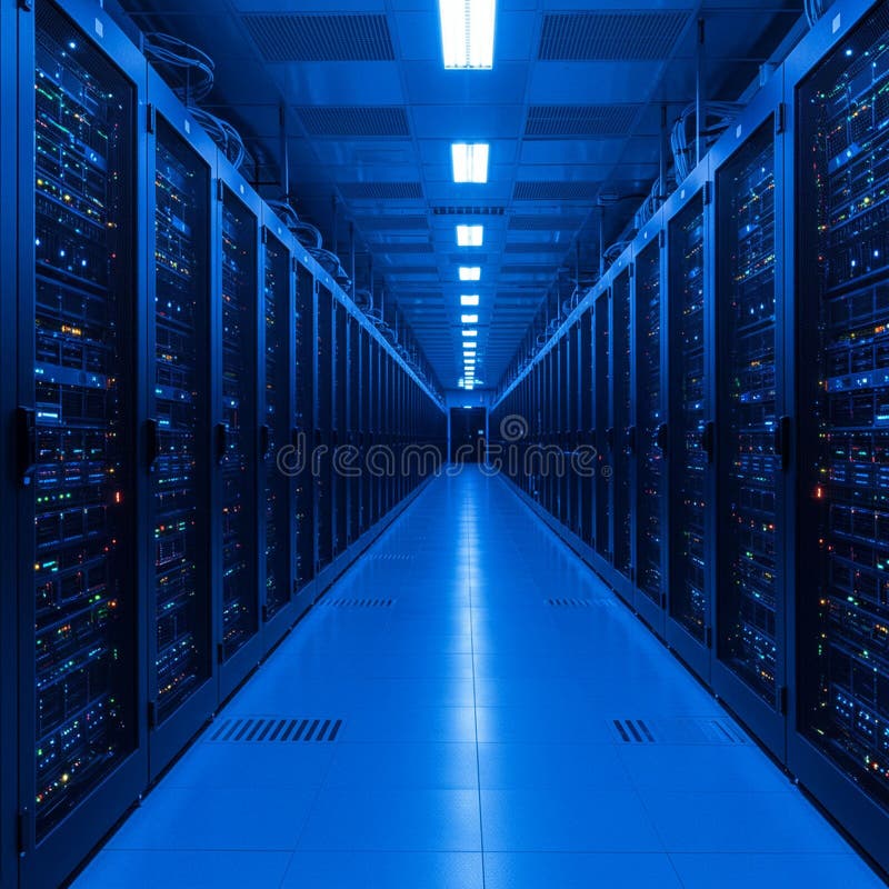 A Long, Narrow Corridor in a Data Center Featuring Multiple Rows of ...