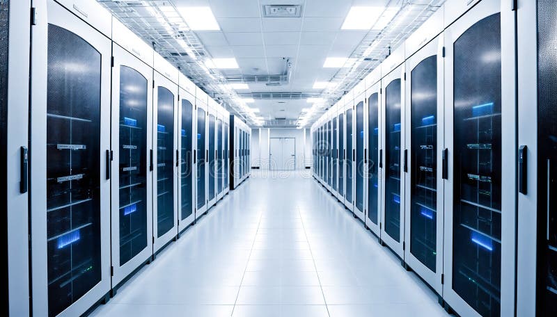 A Long, Narrow Data Center Hallway with Rows of Server Racks on Both ...