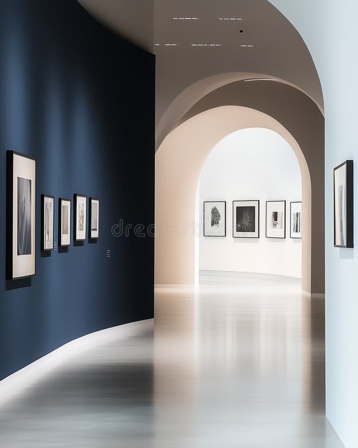 A Long, Narrow Gallery Corridor with Arched Doorways and Framed Artwork ...