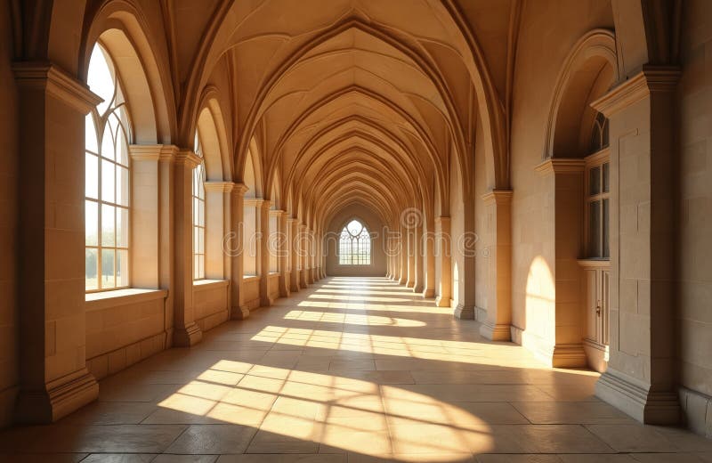 Long Narrow Hallway with Arched Windows, Stone Ceiling. Sunlight Shines ...