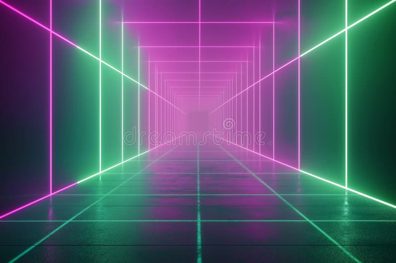 A Long, Narrow Hallway with Neon Green and Purple Lights Stock ...