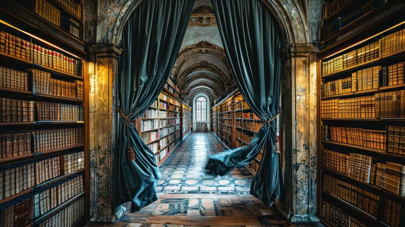 A Long, Narrow Hallway in an Old Library with Bookshelves on Both Sides ...