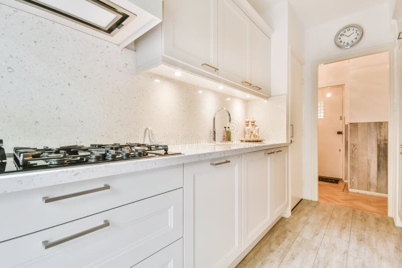 Long Narrow Kitchen with Kitchen Units Stock Image - Image of ...