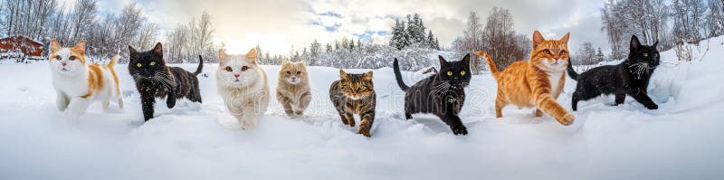 This is a Long Narrow Panoramic View of Cats Running through Fluffy ...