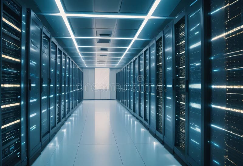 A Long, Narrow Server Room with Rows of Black Server Racks on Each Side ...