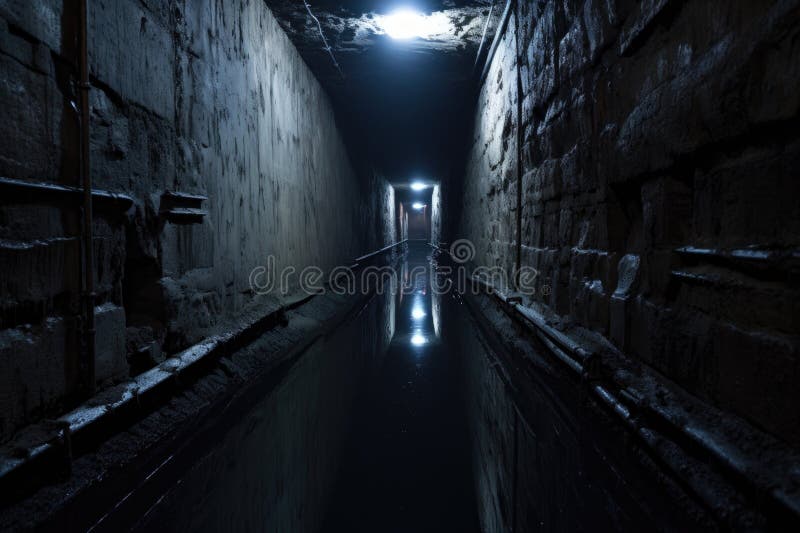 A Long, Narrow Underground Labyrinth Passage, Fading into Darkness ...