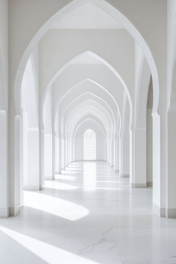 A Long, Narrow, White Hallway with Arched Windows Stock Illustration ...