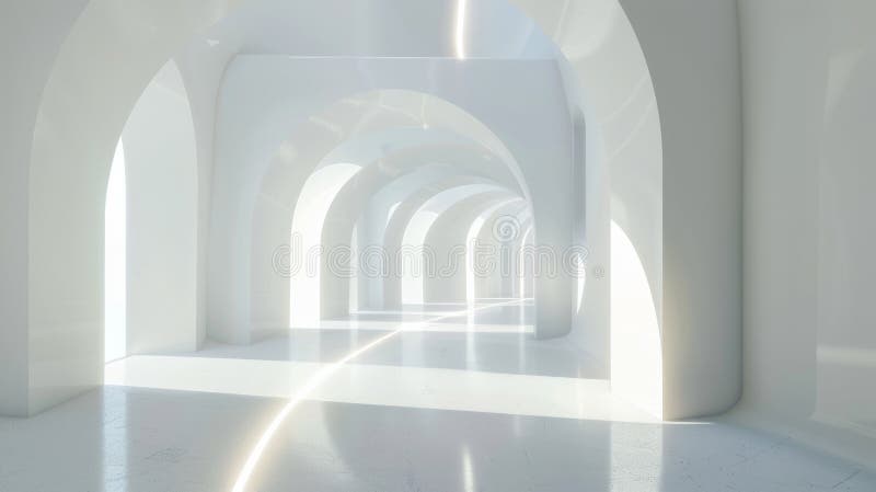 A Long, Narrow, White Hallway with a Light Shining Down on it Stock ...