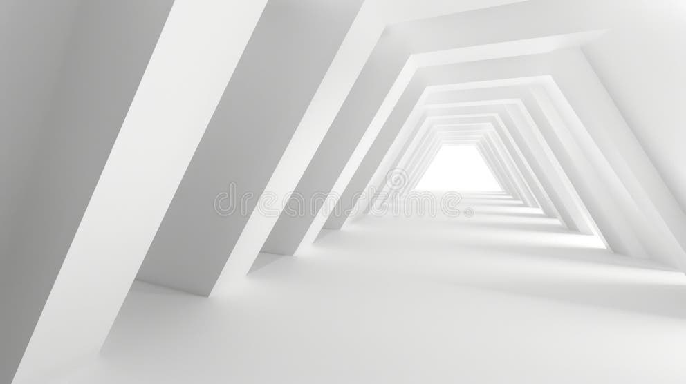 Long, Narrow, White Hallway with White Walls and White Pillars Stock ...