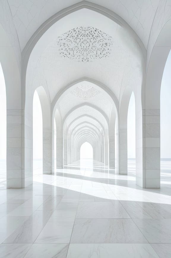 A Long, Narrow, White Mosque with Arched Windows Stock Illustration ...