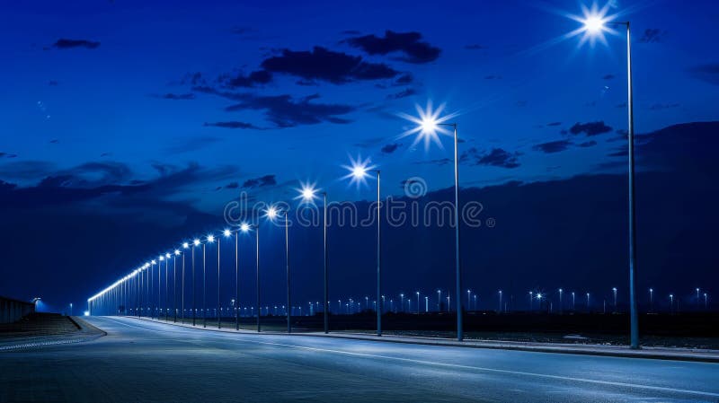 Long Night Street with Modern LED Street Lights Stock Image - Image of ...