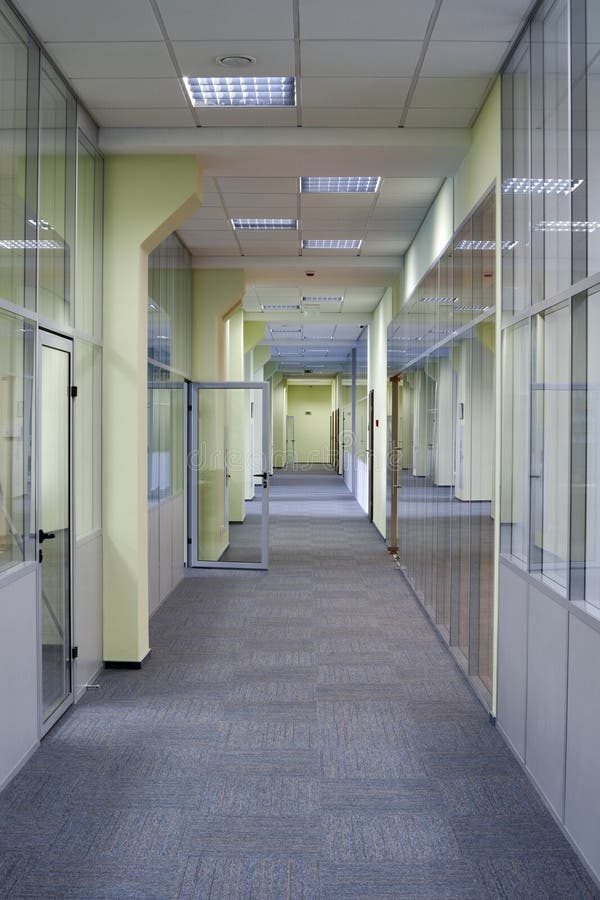 Long Office Hallway with Many Doors of Dark Red Wood. Stock Photo ...