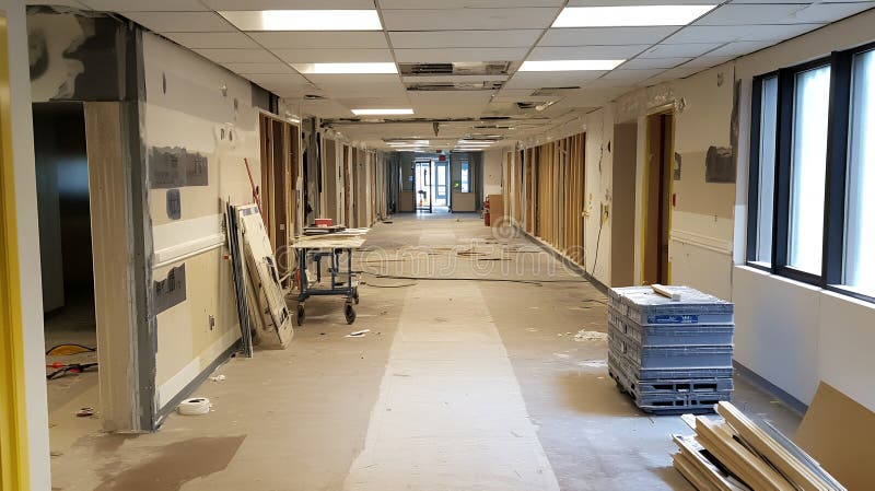 A Long Office Hallway Undergoing Renovation with Construction Materials ...