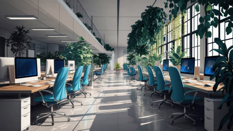 A Long Office with Lots of Computers and Chairs in it, AI Stock Image ...