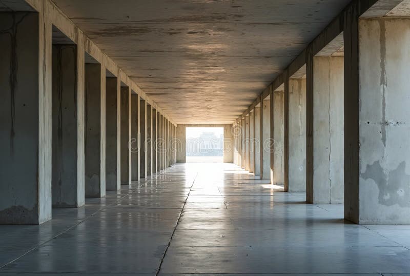 A Long, Open Corridor with a Concrete Floor and Ceiling Stock Image ...