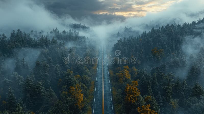 Long Open Highway Running through Misty Forest, Surrounded by Dense ...