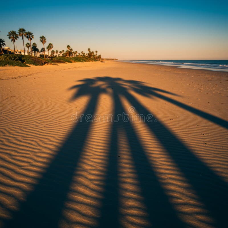 Long Palm Tree Shadows on Sandy Beach at Sunset Stock Illustration ...