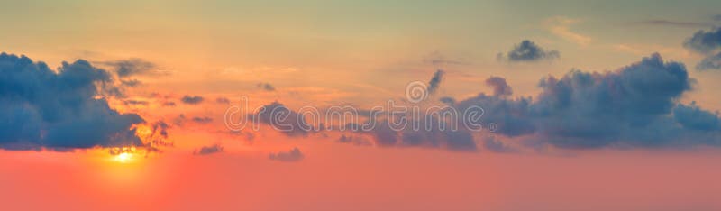 Long Panorama of Sunset Sunrise Sundown Sky with Colorful Clouds and ...