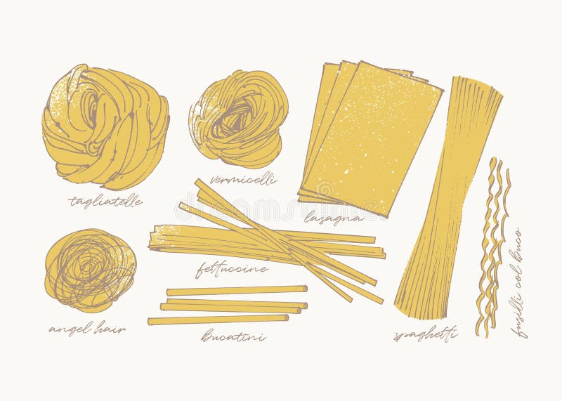 Long Pasta Types Guide, Hand Drawn Illustration Stock Vector ...