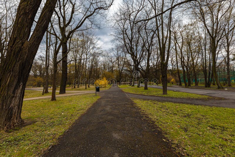 Long Path in Park with Benches on Sides and Full of Trees Stock Photo ...