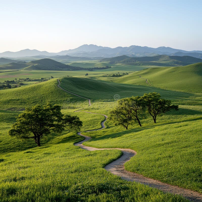A Long Path Winds through a Grassy Field Stock Illustration ...