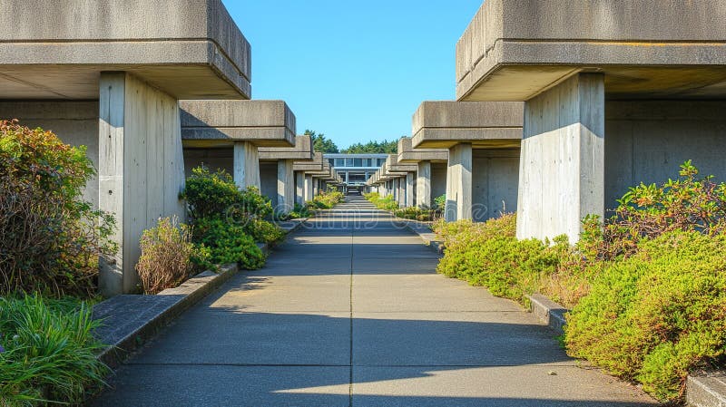 Long Paved Walkway between Concrete Structures Stock Illustration ...