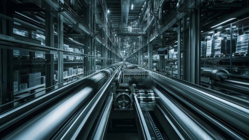 Long Perspective View of a Complex Industrial Factory Interior with ...