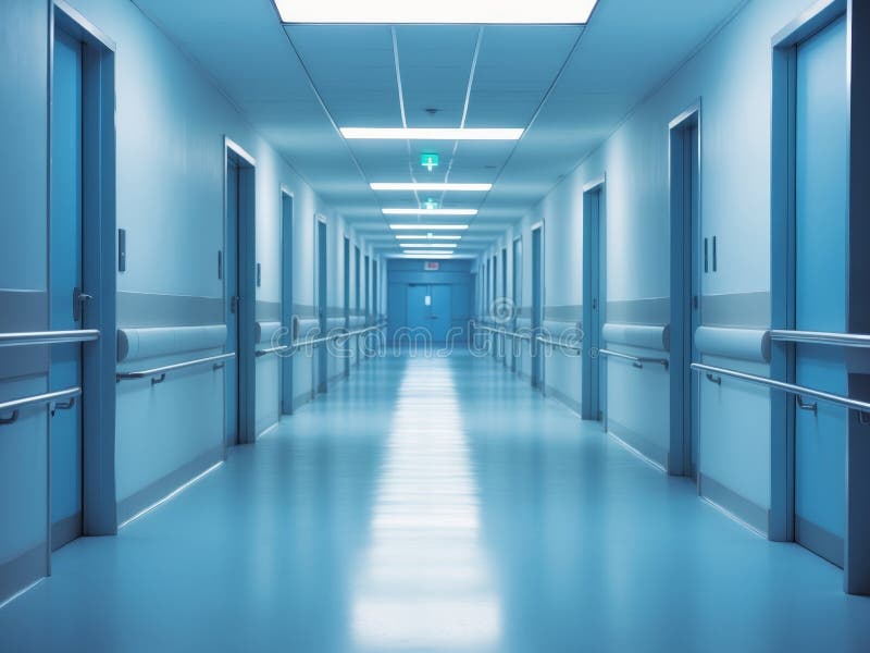 Long Perspective View of Modern Hospital Corridor with Blue Lighting ...