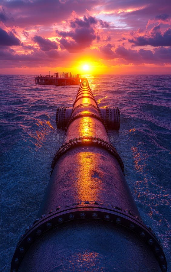 A Long Pipe is in the Water with a Sunset in the Background Stock Image ...